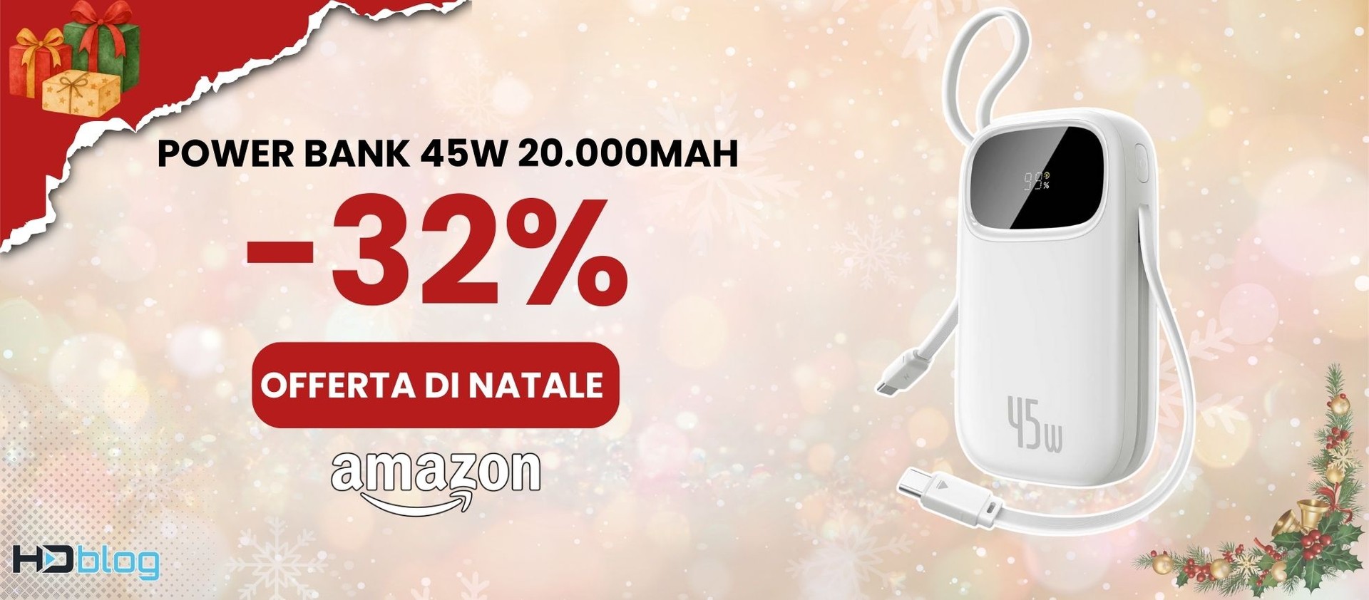 Power bank 45W 20.000mAh con 2 cavi integrati a prezzo da discount