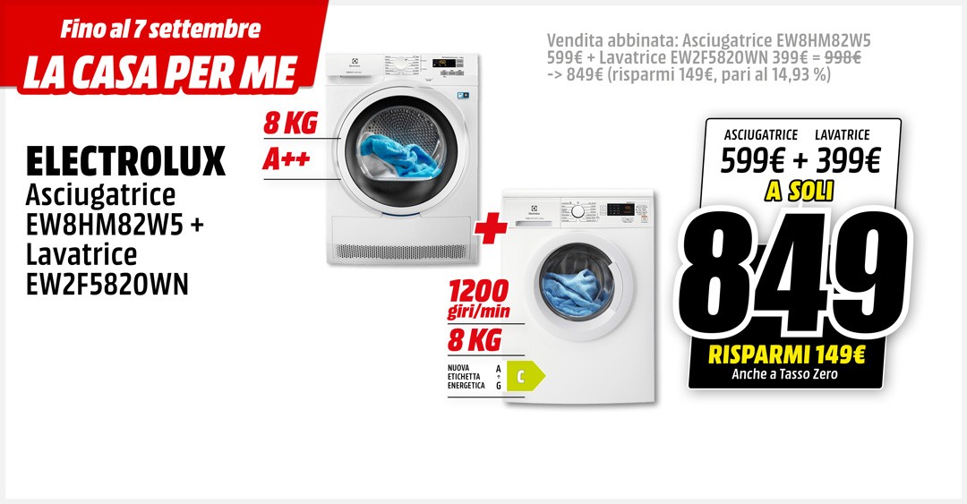 Offerta combo Mediaworld per lavatrice e asciugatrice Electrolux in ...